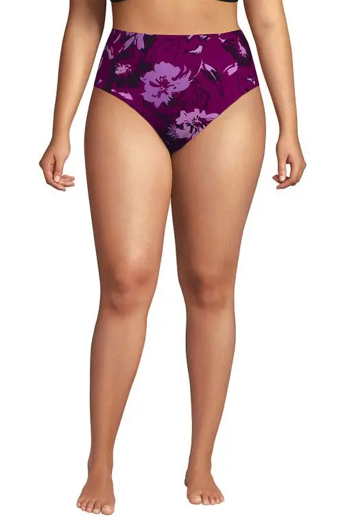 LANDS' END Ribbed High Waisted Bikini Bottom - Crimson Rose Abstract Floral