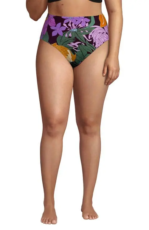 LANDS' END Ribbed High Waisted Bikini Bottom - Dark Wine Multi Floral Blooms