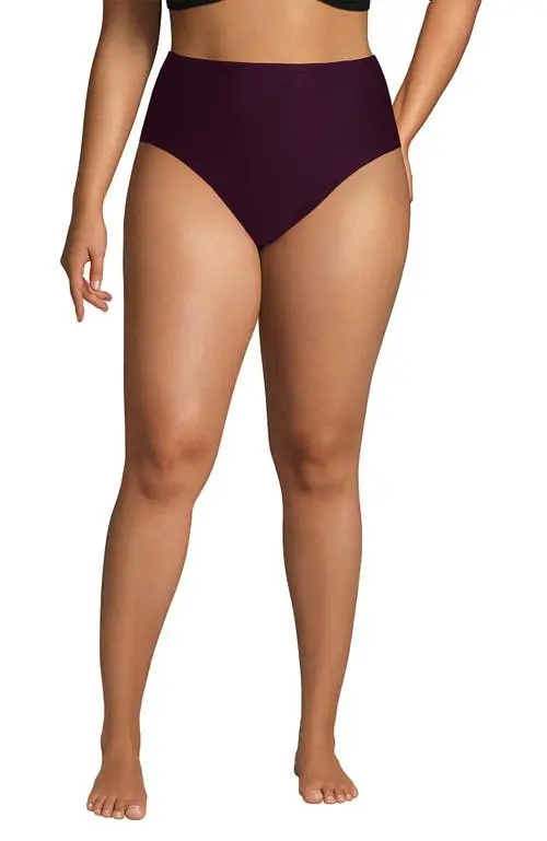 LANDS' END Ribbed Smoothing High Waisted Bikini Bottoms - Dark Wine Ottoman