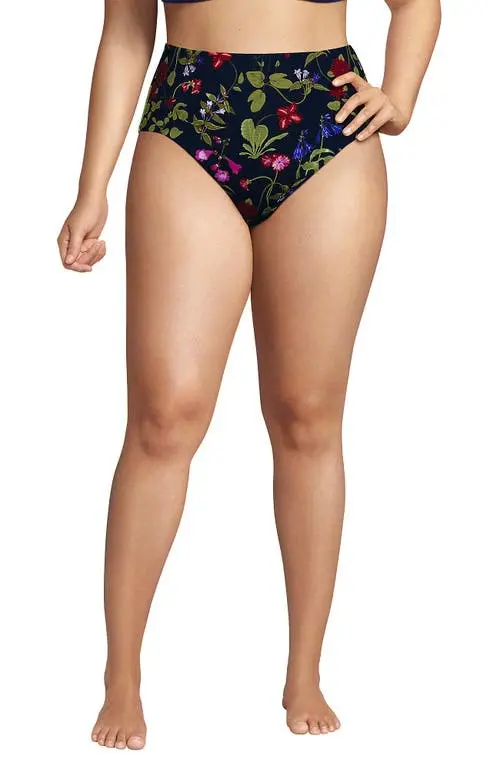 LANDS' END Ribbed High Waisted Bikini Bottom - Deep Sea Multi Garden Floral