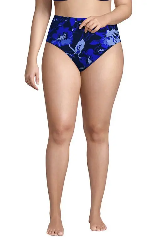 LANDS' END Ribbed High Waisted Bikini Bottom - Deep Sea Navy Abstract Floral