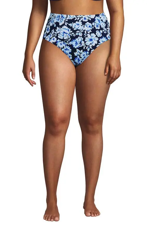 LANDS' END Ribbed Smoothing High Waisted Bikini Bottoms - Deep Sea Navy Painted Floral