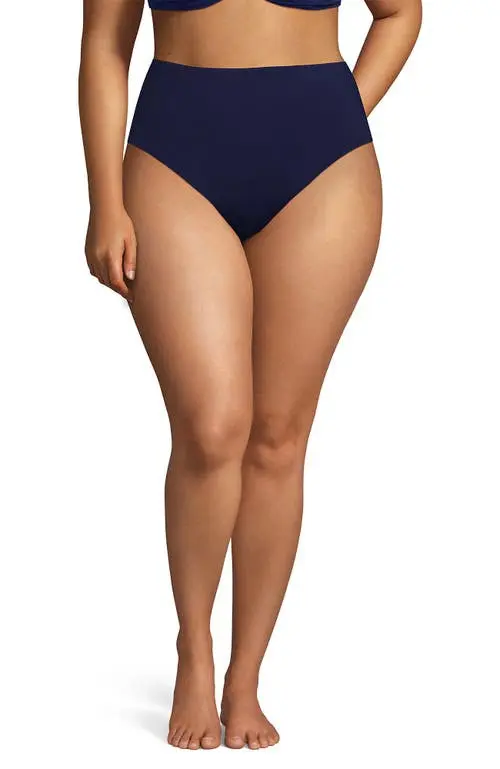 LANDS' END Ribbed High Waisted Bikini Bottom - Deep Sea Navy