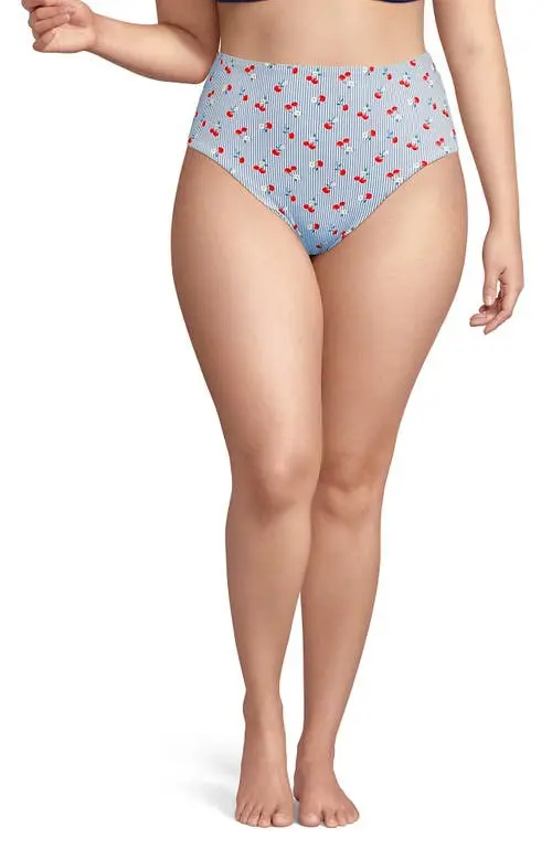 LANDS' END Ribbed High Waisted Bikini Bottom - Dusk Sky Cherry Stripe