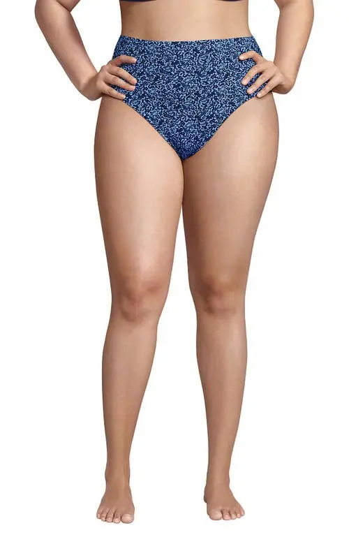 LANDS' END Ribbed High Waisted Bikini Bottom - Navy/cloud Blue Ditsy Lilies