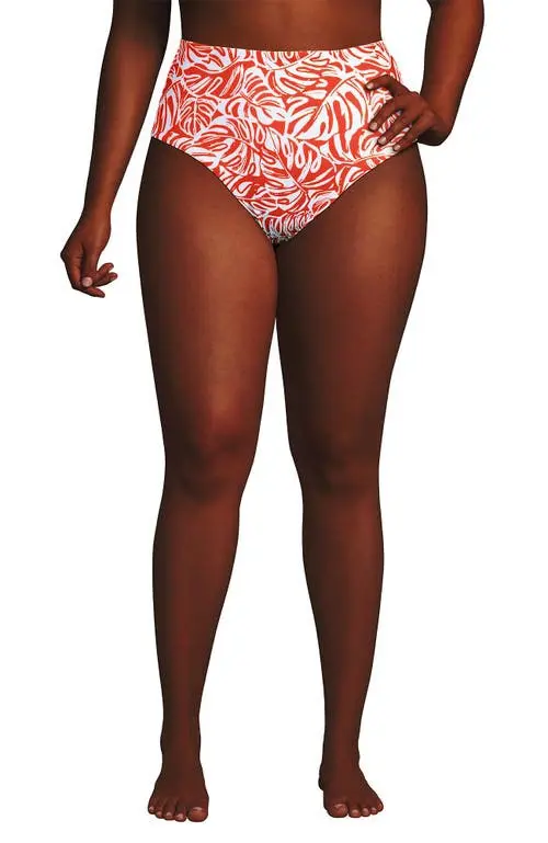LANDS' END Ribbed High Waisted Bikini Bottom - Orange Mini Tropic Leaves