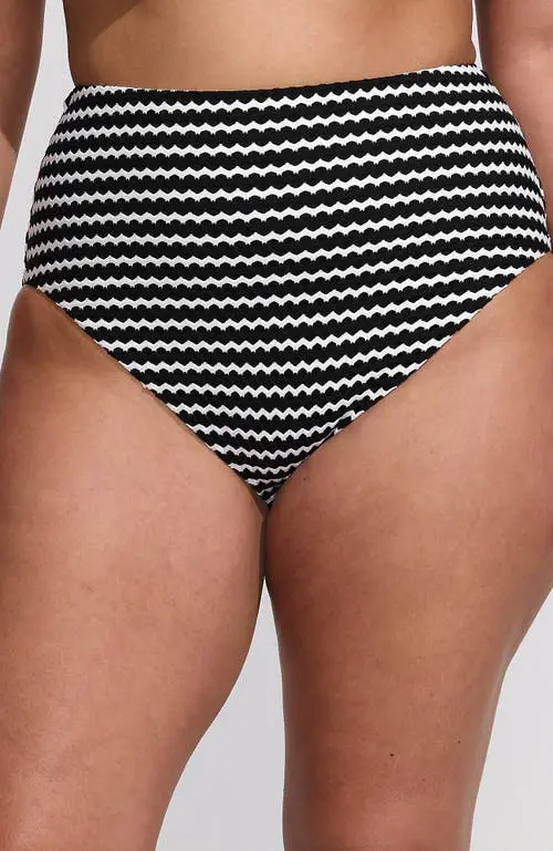 LANDS' END Ribbed High Waisted Bikini Bottom - Striped Black/white