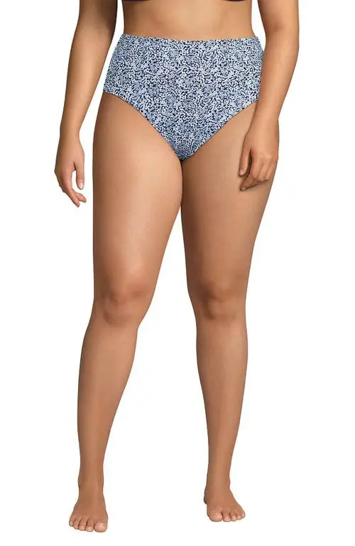 LANDS' END Ribbed High Waisted Bikini Bottom - White/navy Ditsy Lilies