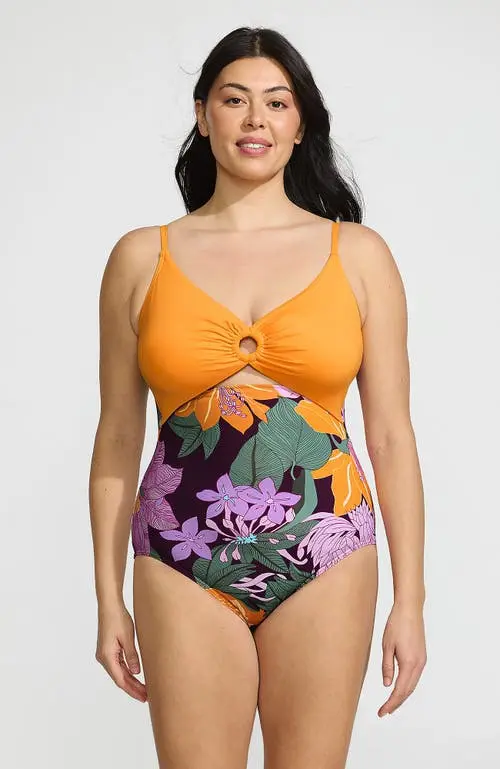 LANDS' END O-ring Cut Out One Piece Swimsuit - Dark Wine Floral Bloom/mango