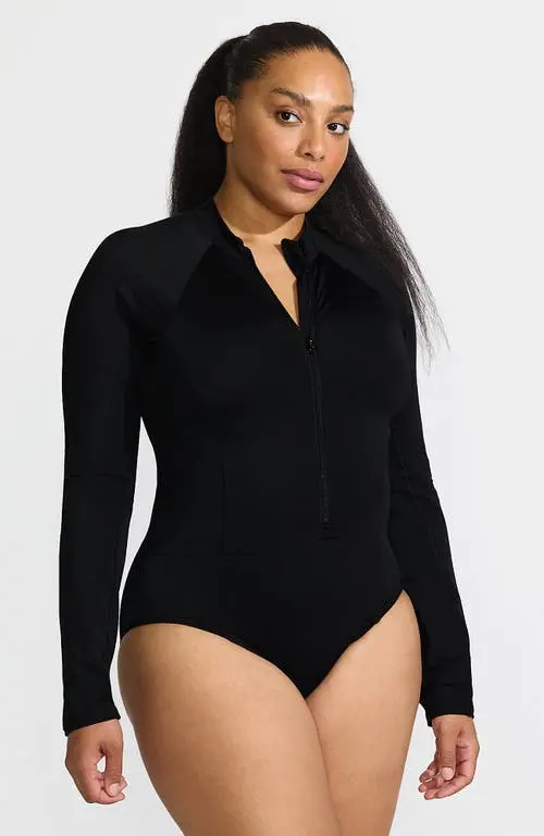 LANDS' END Floral Long-sleeve One-piece Rash Guard Swimsuit - Black