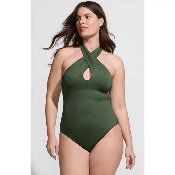 LANDS' END Criss Cross Halter One-piece Swimsuit - Rich Olive Green