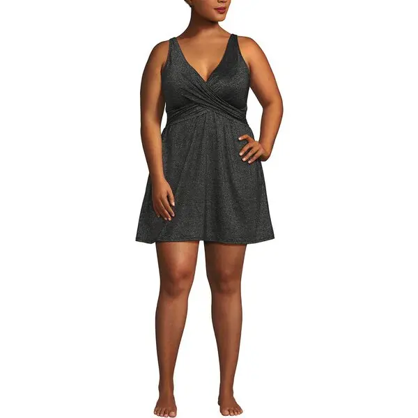 LANDS' END Slendersuit™ V-neck Wrap Swim Dress - Black Shine