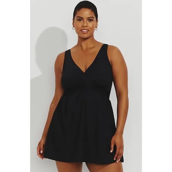 LANDS' END Slendersuit V-neck Wrap Swim Dress - Black