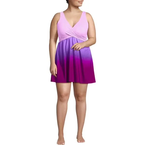 LANDS' END Slendersuit V-neck Wrap Swim Dress - Crimson Rose/purple Ombre