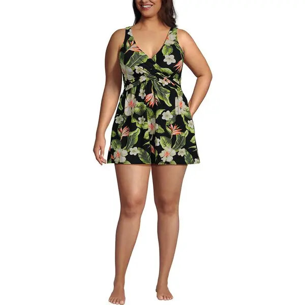 LANDS' END Slendersuit V-neck Wrap Swim Dress - Hibiscus Floral/black