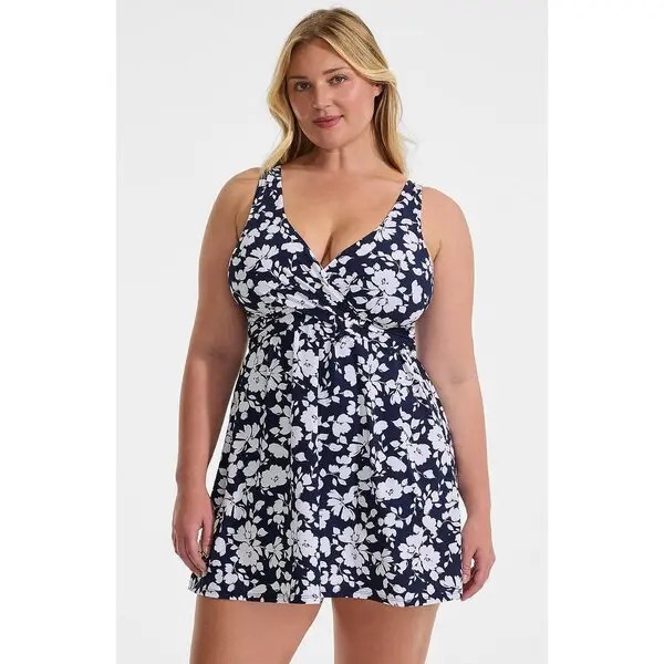 LANDS' END Slendersuit V-neck Wrap Swim Dress - Navy Blossom Floral