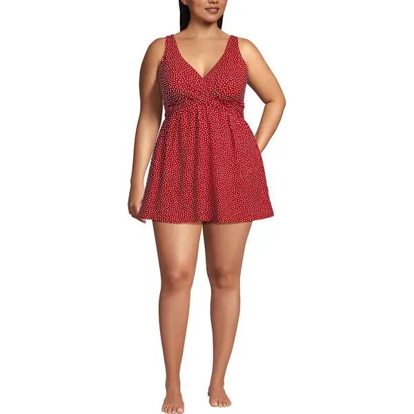 LANDS' END Slendersuit™ Wrap Swim Dress With Crisscross Detail - Red Mini Dot
