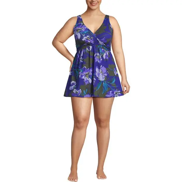 LANDS' END Slendersuit™ Wrap Swim Dress With Crisscross Detail - Violet Etched Floral