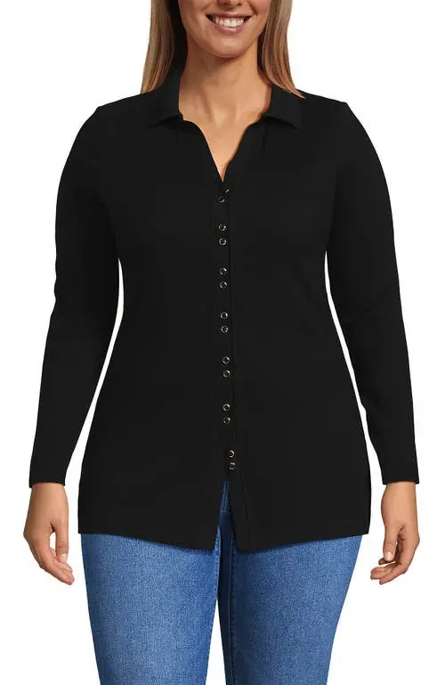 LANDS' END Long Sleeve Polished Rib Button Through Tunic Shirt - Black