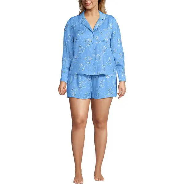 LANDS' END Matte Satin 2 Piece Pajama Setlong Sleeve Top And Shorts - Bermuda Blue Snow Drop Floral