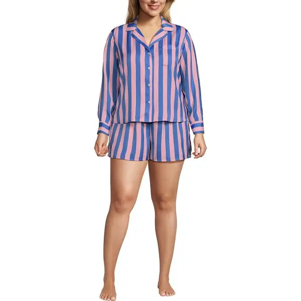 LANDS' END Matte Satin 2 Piece Pajama Setlong Sleeve Top And Shorts - Light Rose Pink/brisk Blue
