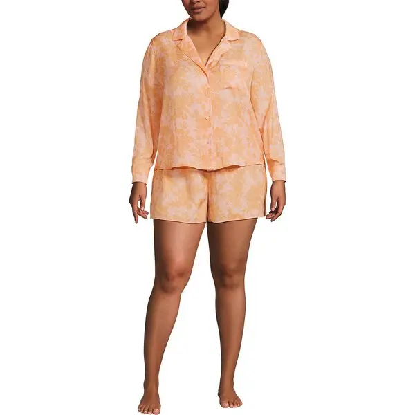 LANDS' END Matte Satin 2 Piece Pajama Setlong Sleeve Top And Shorts - Orange Mist Romantic Floral