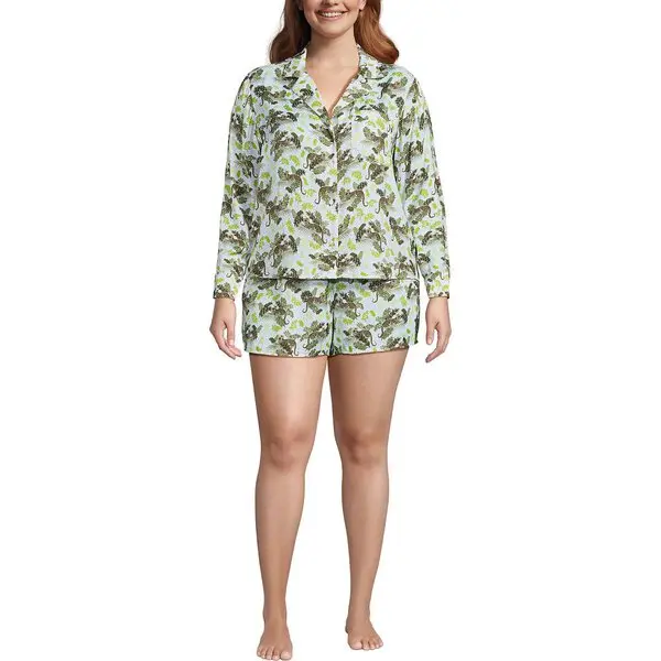 LANDS' END Matte Satin 2 Piece Pajama Setlong Sleeve Top And Shorts - White Leopards