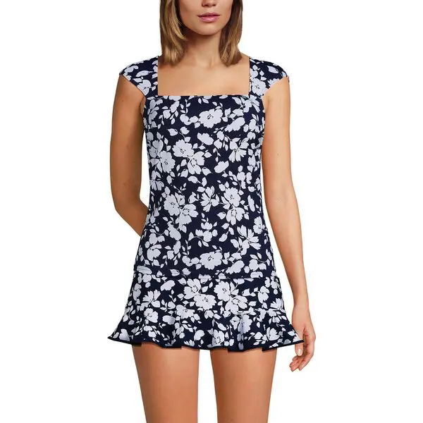 LANDS' END Square Neck Underwire Tankini Top - Navy Blossom Floral