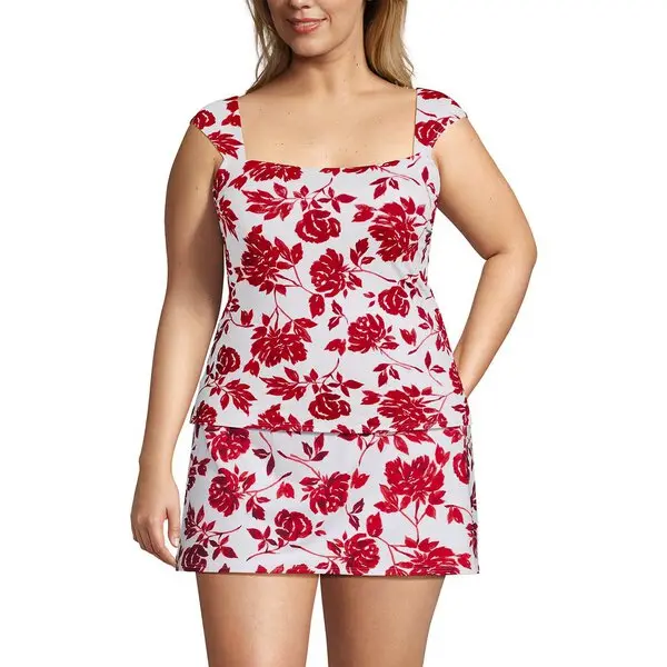 LANDS' END Square Neck Underwire Tankini Top - Red Graphic Floral