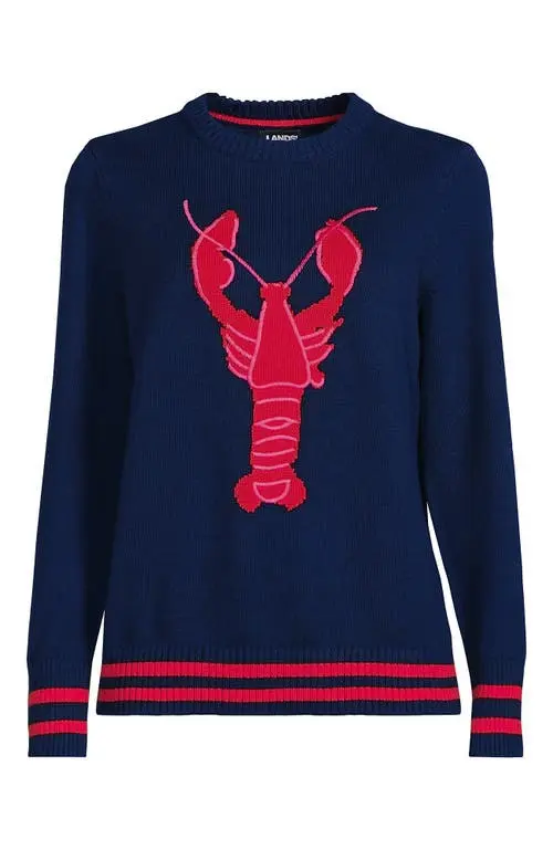 Lands' End Cotton Drifter Embroidered Crew Neck Sweater Deep Sea