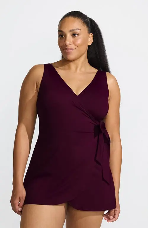 LANDS' END Side Tie Mini Swim Dress Swimsuit - Dark Wine