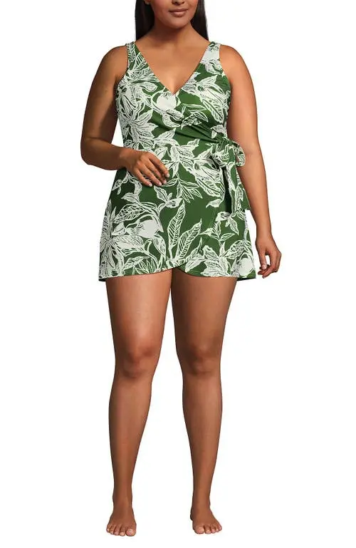 LANDS' END Side Tie Mini Swim Dress Swimsuit - Fusion Green Etched Leaves