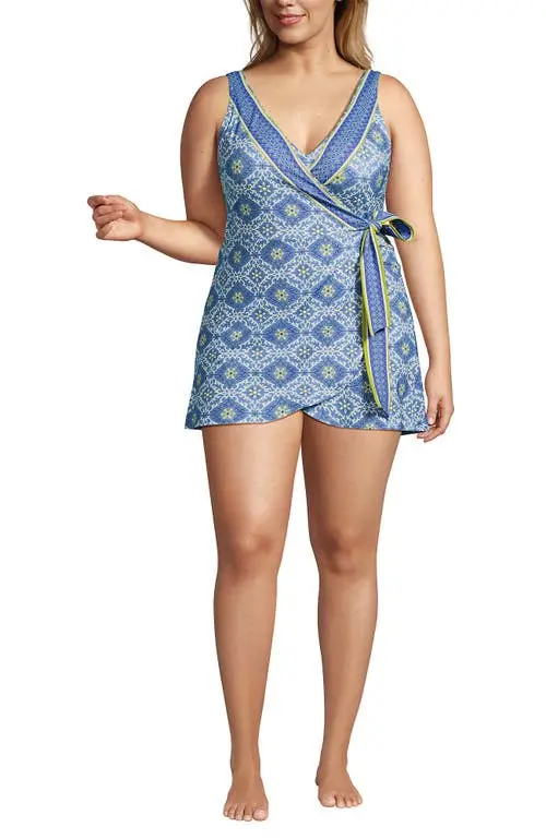 LANDS' END Side Tie Mini Swim Dress Swimsuit - Lake Blue/geo Floral Border