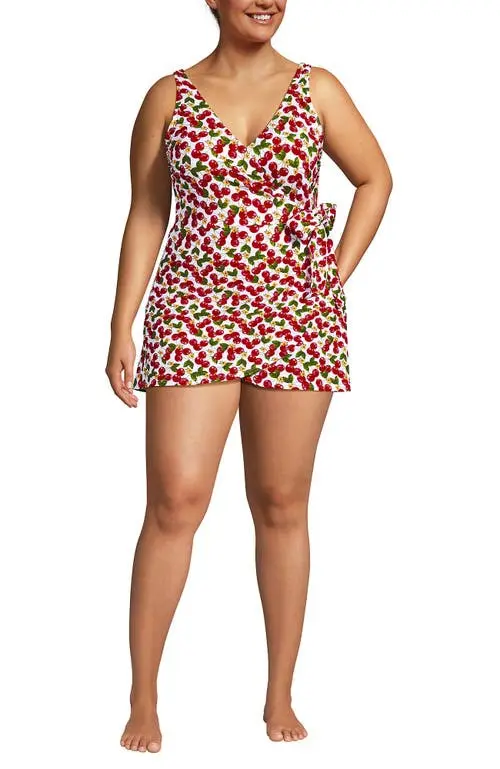 LANDS' END Side Tie Mini Swim Dress Swimsuit - Large Cherry Jam Cherry/white