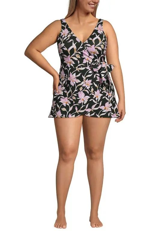 LANDS' END Side Tie Mini Swim Dress Swimsuit - Tropic Floral/rich Olive