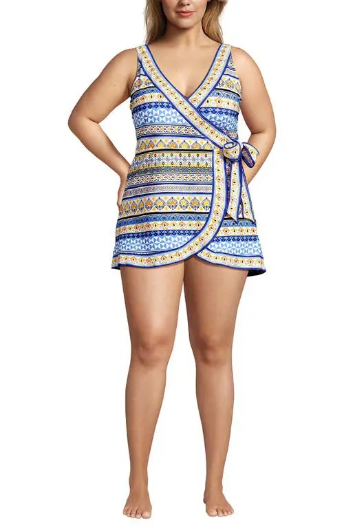 LANDS' END Side Tie Mini Swim Dress Swimsuit - White Mosaic Stripe Border