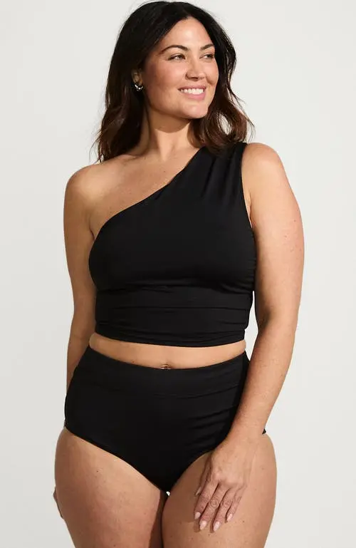 LANDS' END Ruched One-shoulder Midkini Swimsuit Top - Black