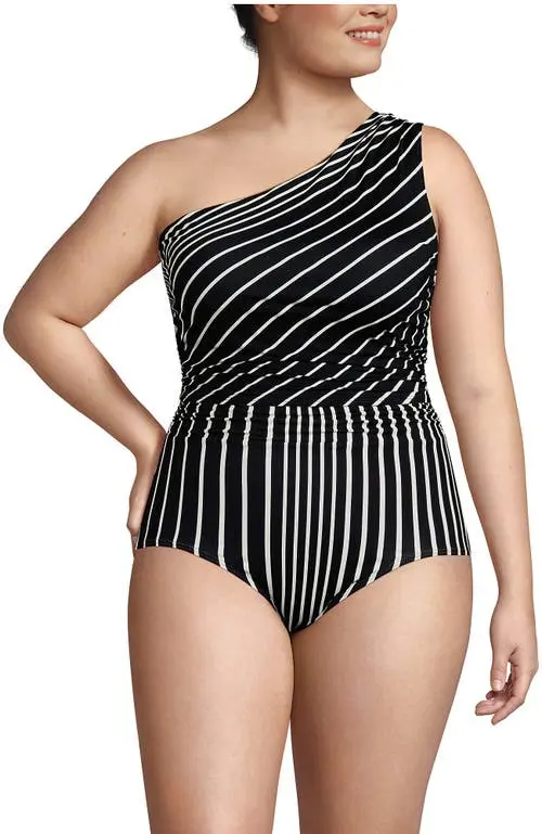LANDS' END Ruched One-shoulder Midkini Swimsuit Top - Black/egret Variegated Stripe