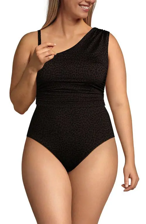 LANDS' END Ruched One Shoulder Tankini Top - Brown Leopard