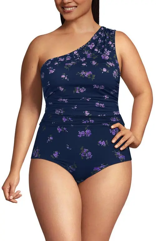 LANDS' END Ruched One Shoulder Tankini Top - Navy Bouquet Cascade Floral