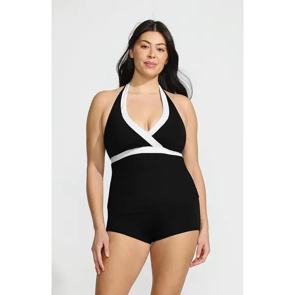 LANDS' END Texture V-neck Halter Tankini Swimsuit Top - Black/white