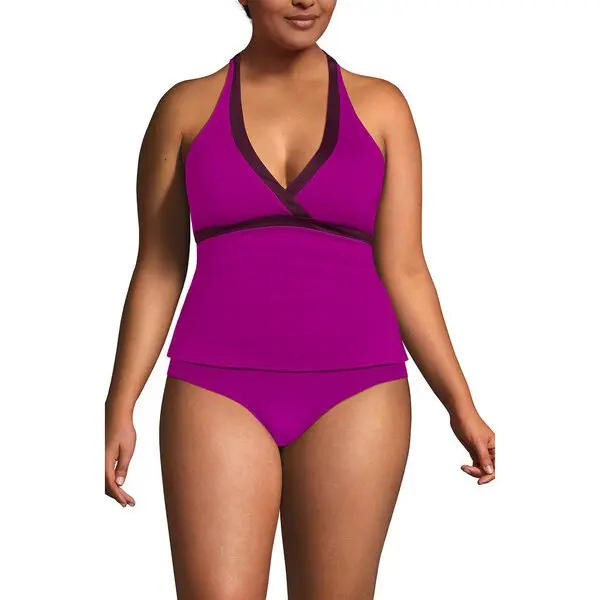 LANDS' END V-neck Halter Tankini Top - Crimson Rose/dark Wine