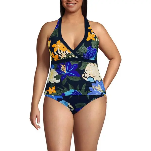 LANDS' END V-neck Halter Tankini Top - Navy Multi Floral Blooms