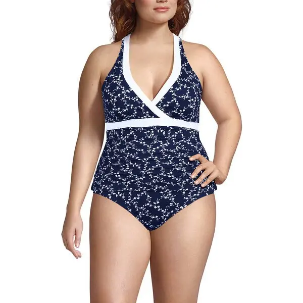 LANDS' END V-neck Halter Tankini Top - Navy/white Flowering Vine