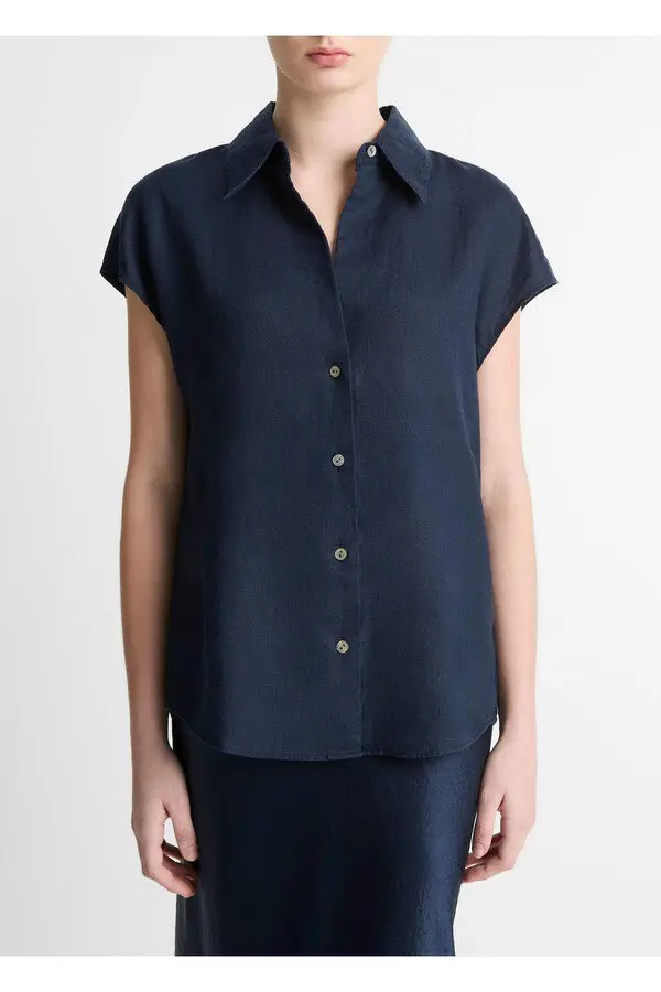 Vince Linen Cap-sleeve Button-front Blouse - Black