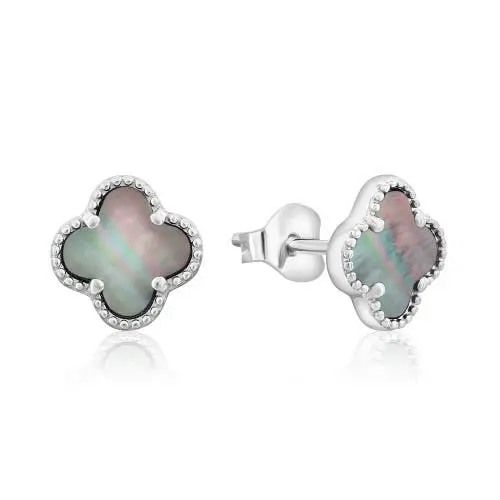 DONATELLO GIAN Name Sterling Silver Clover Stud Earrings - Grey Shel