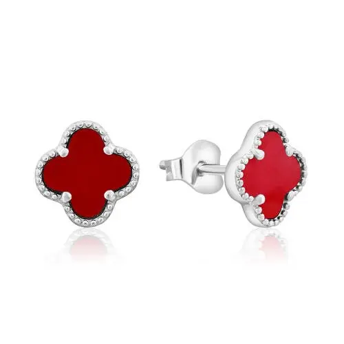 DONATELLO GIAN Name Sterling Silver Clover Stud Earrings - Red Turquoise