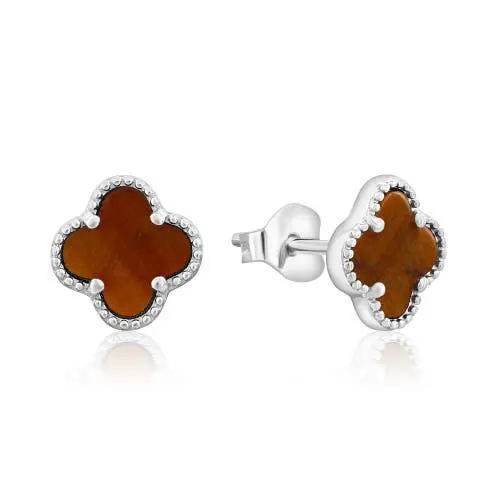 DONATELLO GIAN Name Sterling Silver Clover Stud Earrings - Tiger Eye