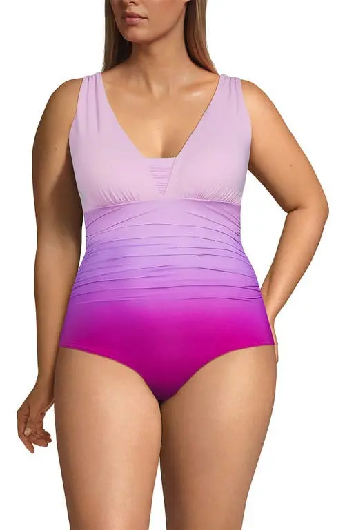 LANDS' END Slendersuit Grecian Low Leg One Piece Swimsuit - Crimson Rose/purple Ombre