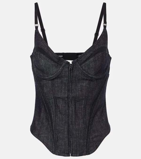MUGLER Mesh-trimmed Denim Corset - Black